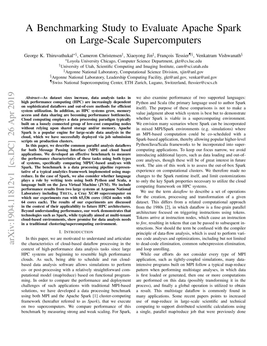 A Benchmarking Study to Evaluate Apache Spark on Large-Scale Supercomputers | DeepAI