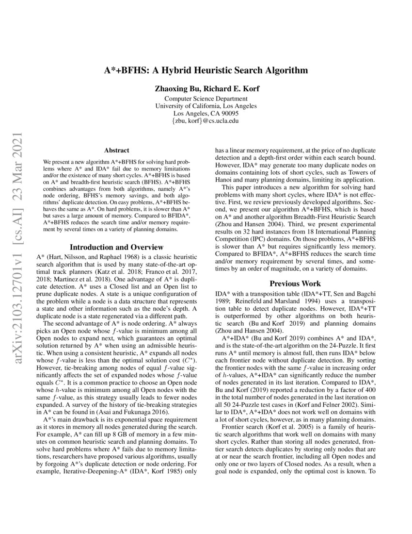 A*+BFHS: A Hybrid Heuristic Search Algorithm | DeepAI