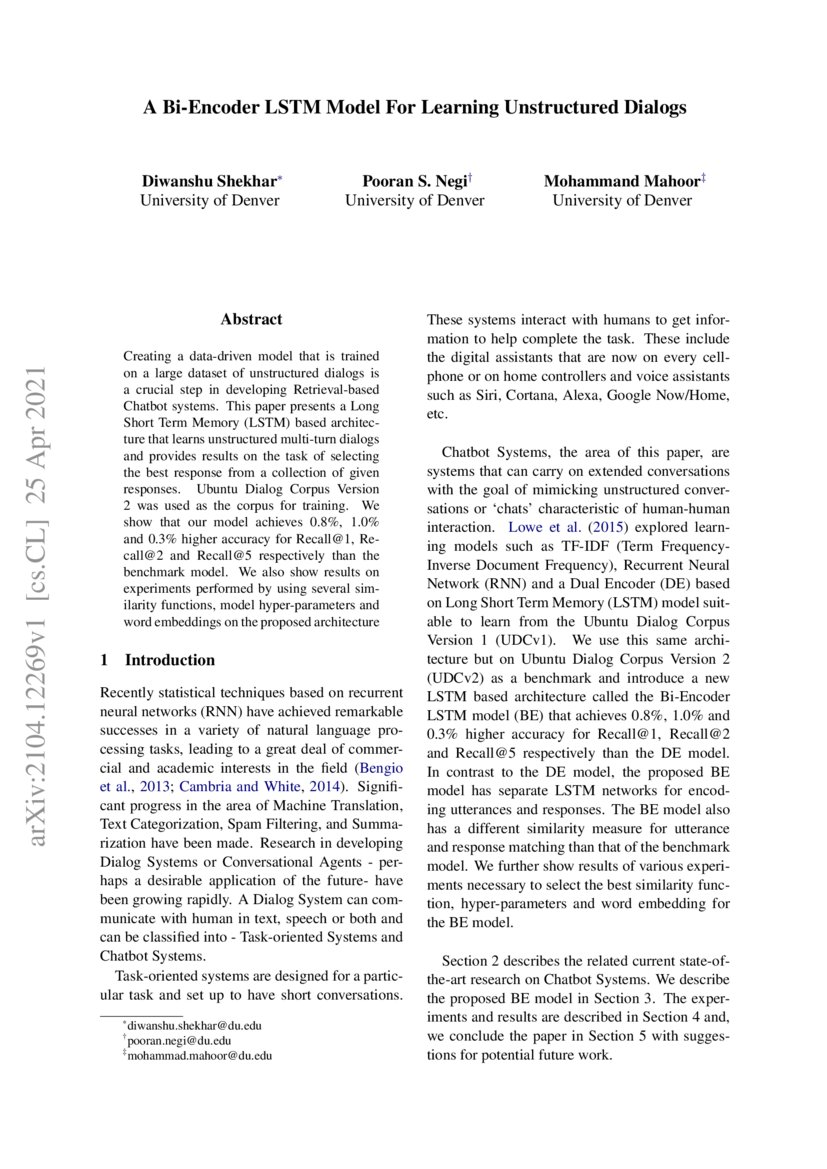 A Bi-Encoder LSTM Model For Learning Unstructured Dialogs | DeepAI