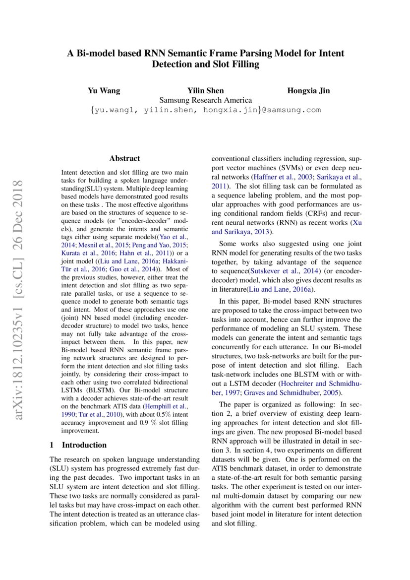 A Bi Model Based Rnn Semantic Frame Parsing Model For Intent Detection