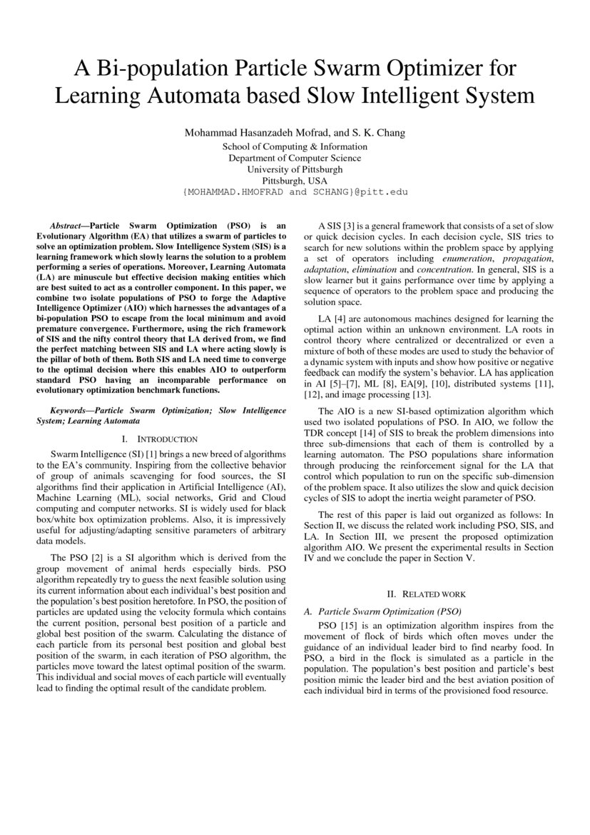 A Bi Population Particle Swarm Optimizer For Learning Automata Based Slow Intelligent System