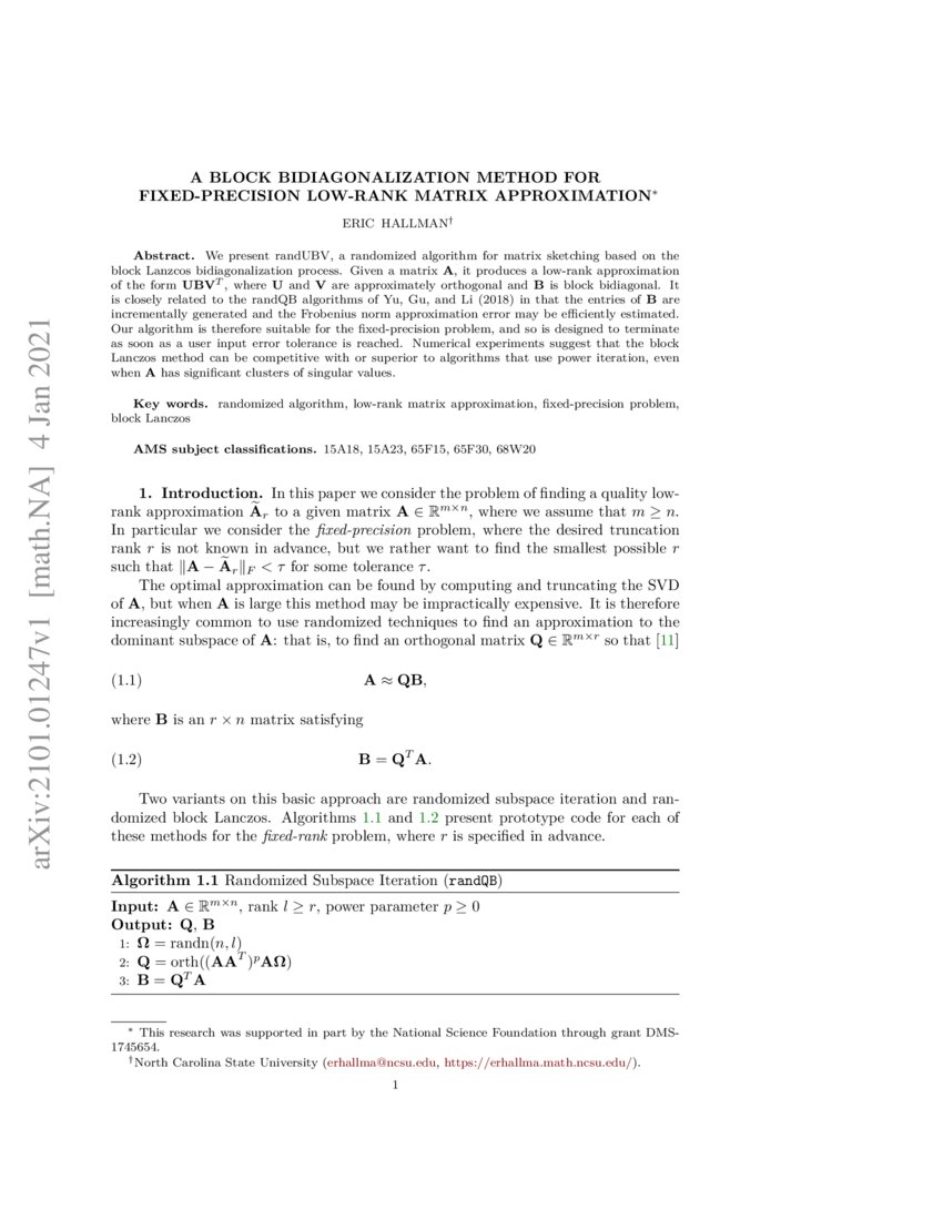 A Block Bidiagonalization Method For Fixed Precision Low Rank Matrix Approximation Deepai 8517