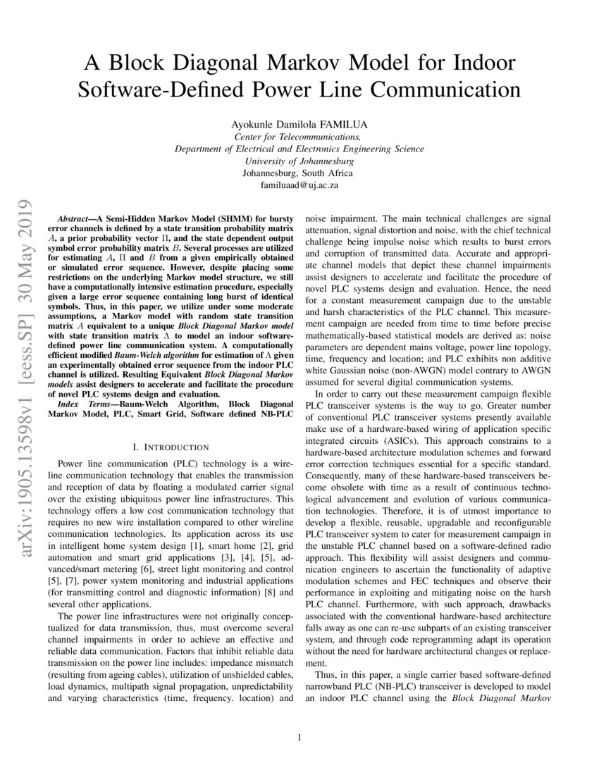 A Block Diagonal Markov Model for Indoor Software-Defined Power Line Communication | DeepAI