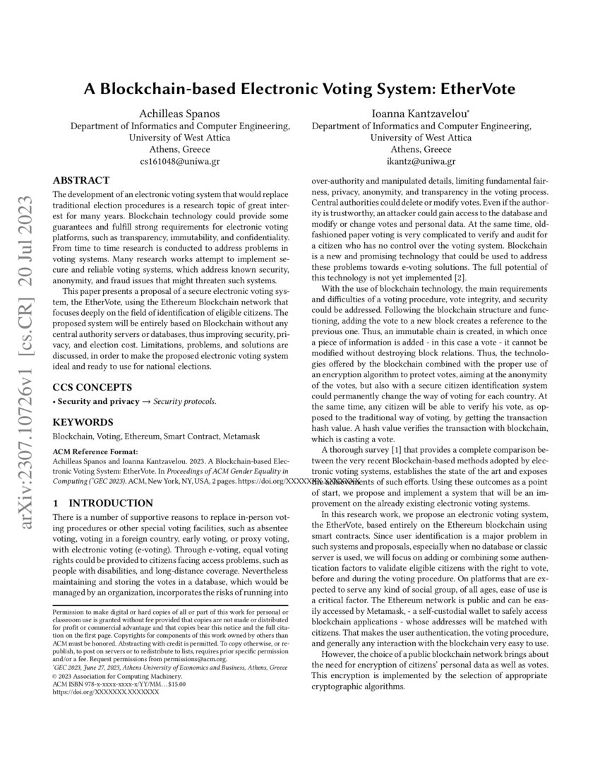 A Blockchain Based Electronic Voting System Ethervote Deepai