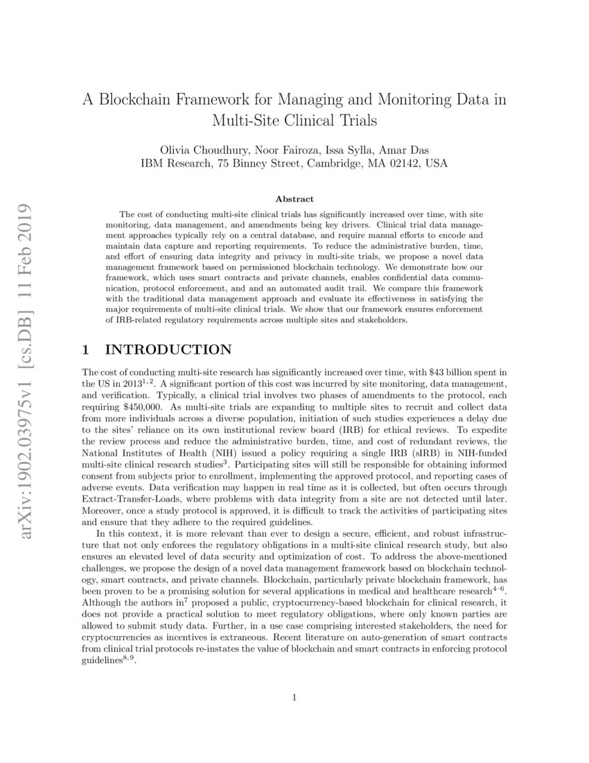 A Blockchain Framework For Managing And Monitoring Data In Multi Site Clinical Trials Deepai
