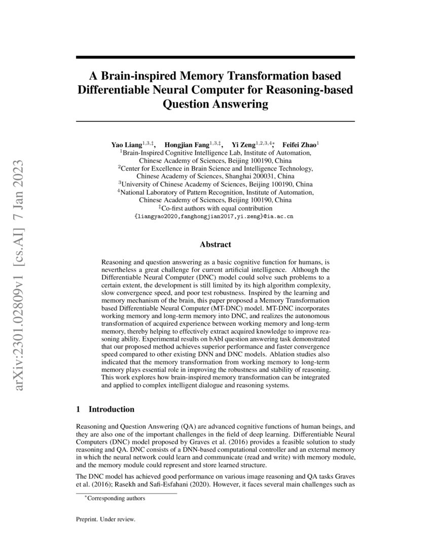 A Brain-inspired Memory Transformation based Differentiable Neural ... A Brain-inspired Memory Transformation based Differentiable Neural ...