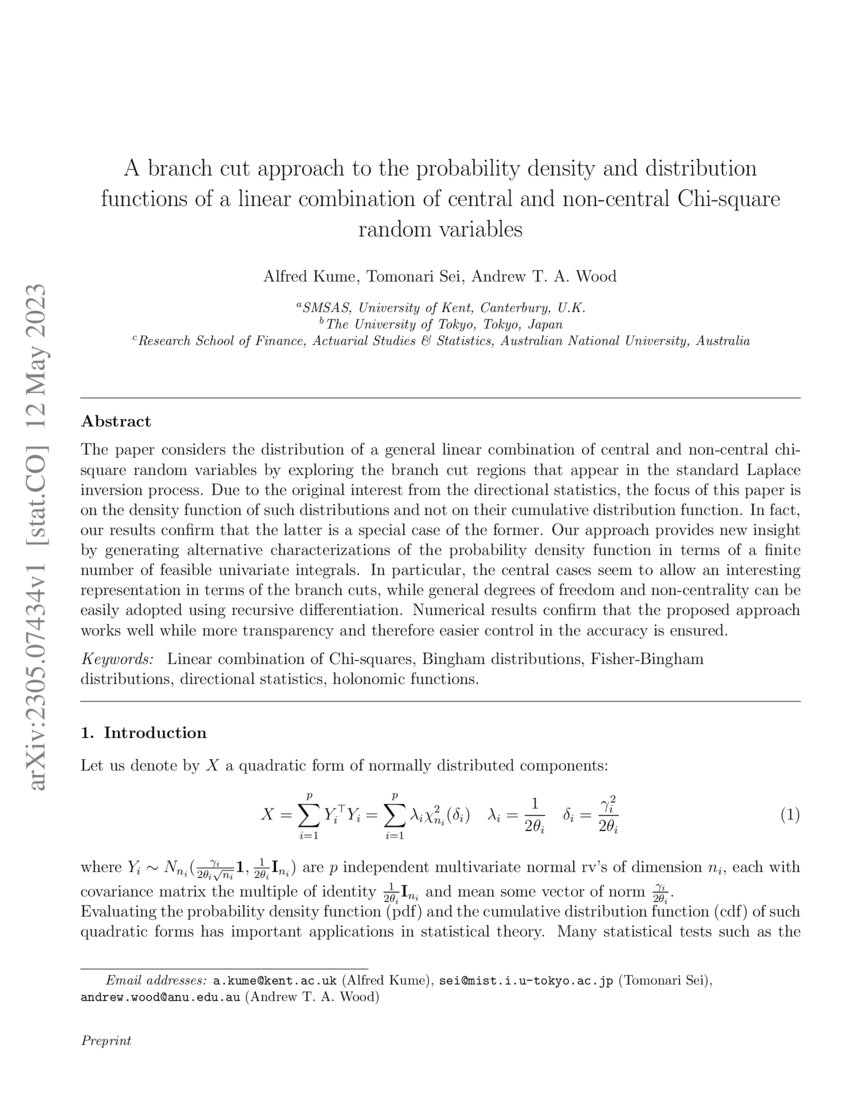 A branch cut approach to the probability density and distribution functions of a linear ...