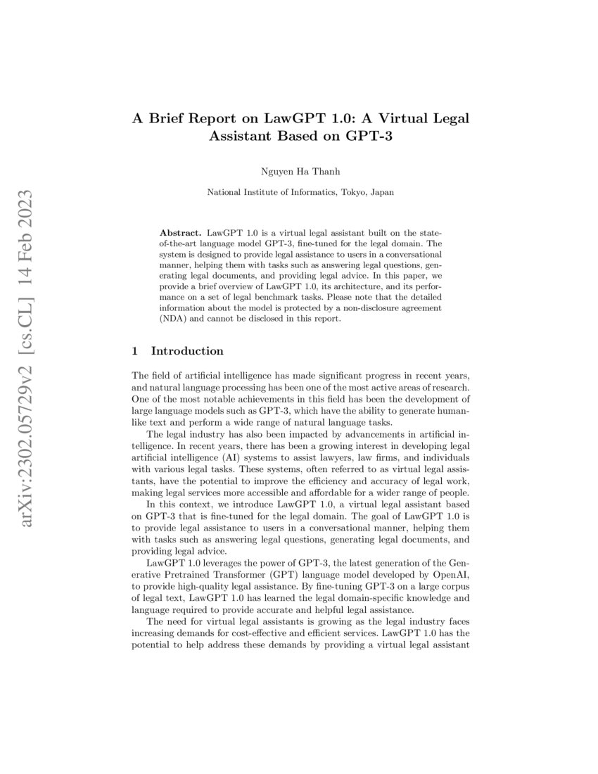 A Brief Report on LawGPT 1.0: A Virtual Legal Assistant Based on GPT-3 ...