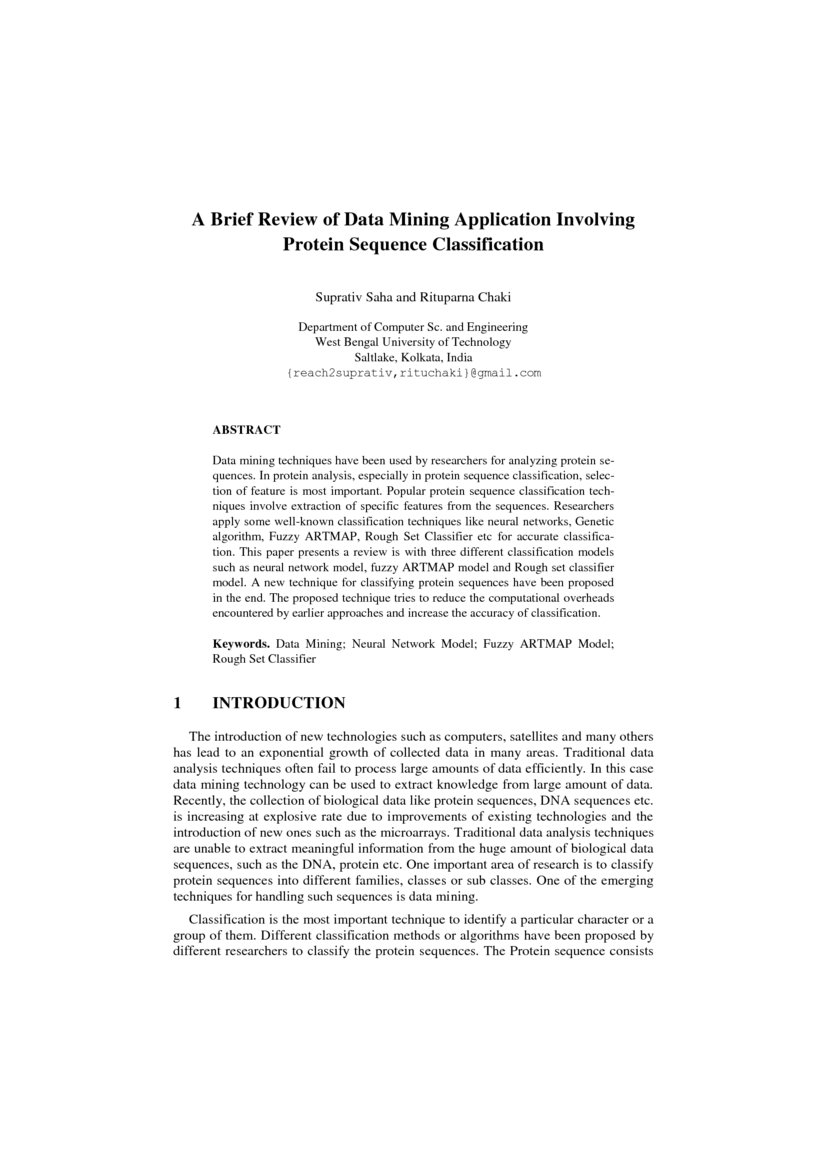 A Brief Review of Data Mining Application Involving Protein Sequence ...