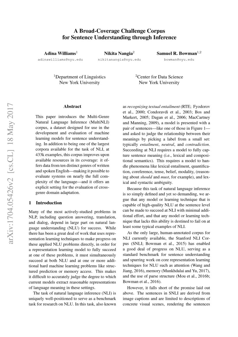 A Broad-Coverage Challenge Corpus for Sentence Understanding through ...
