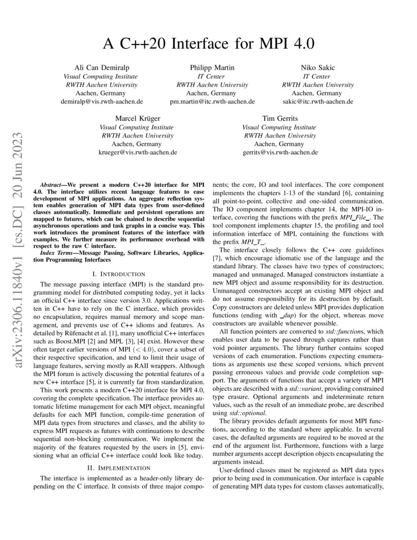 A C++20 Interface for MPI 4.0 | DeepAI