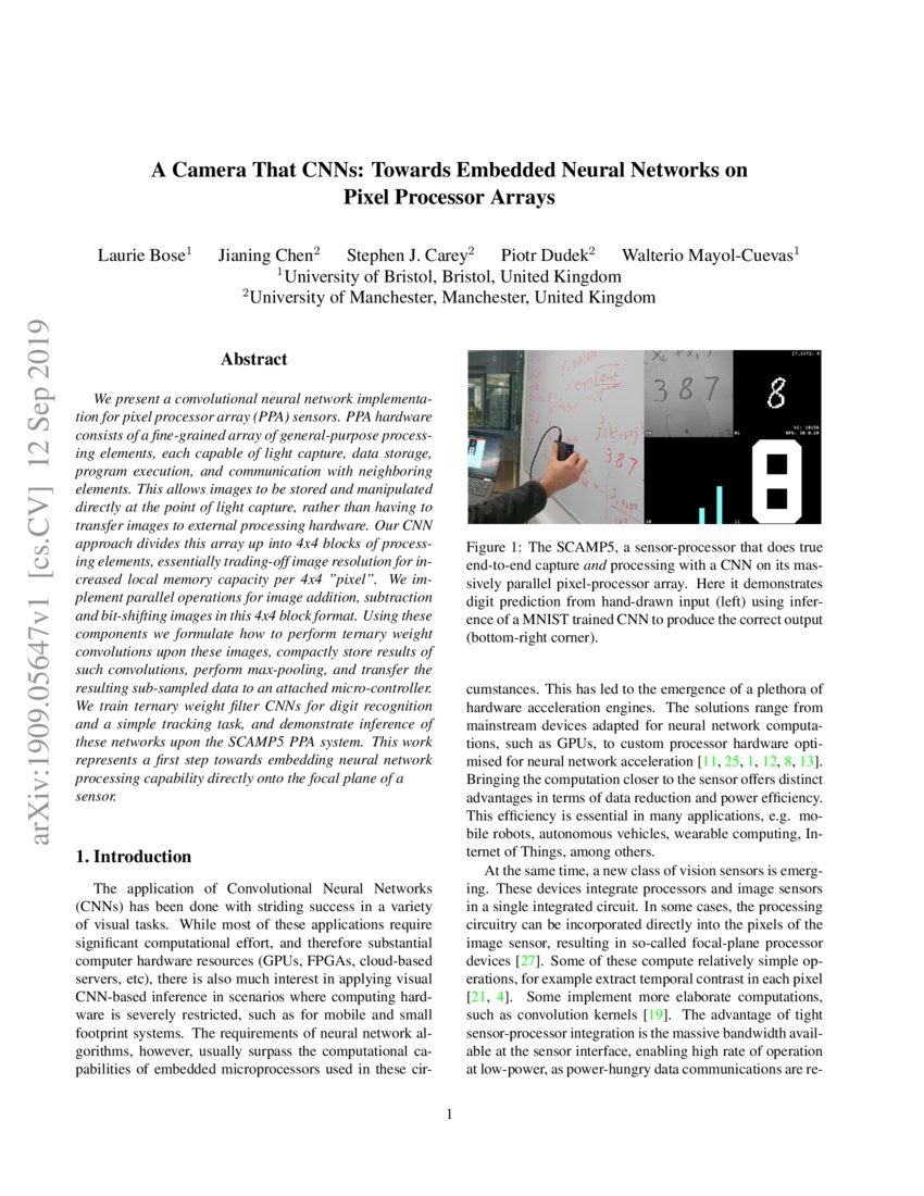 A Camera That Cnns Towards Embedded Neural Networks Onpixel Processor Arrays Deepai