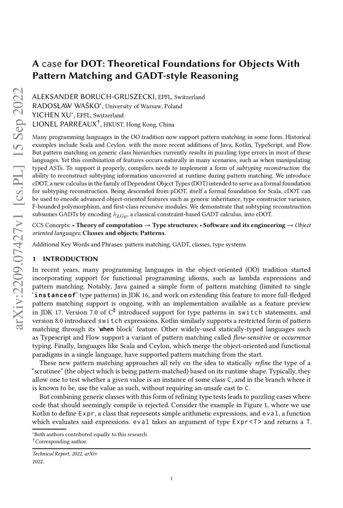A case for DOT: Theoretical Foundations for Objects With Pattern ...