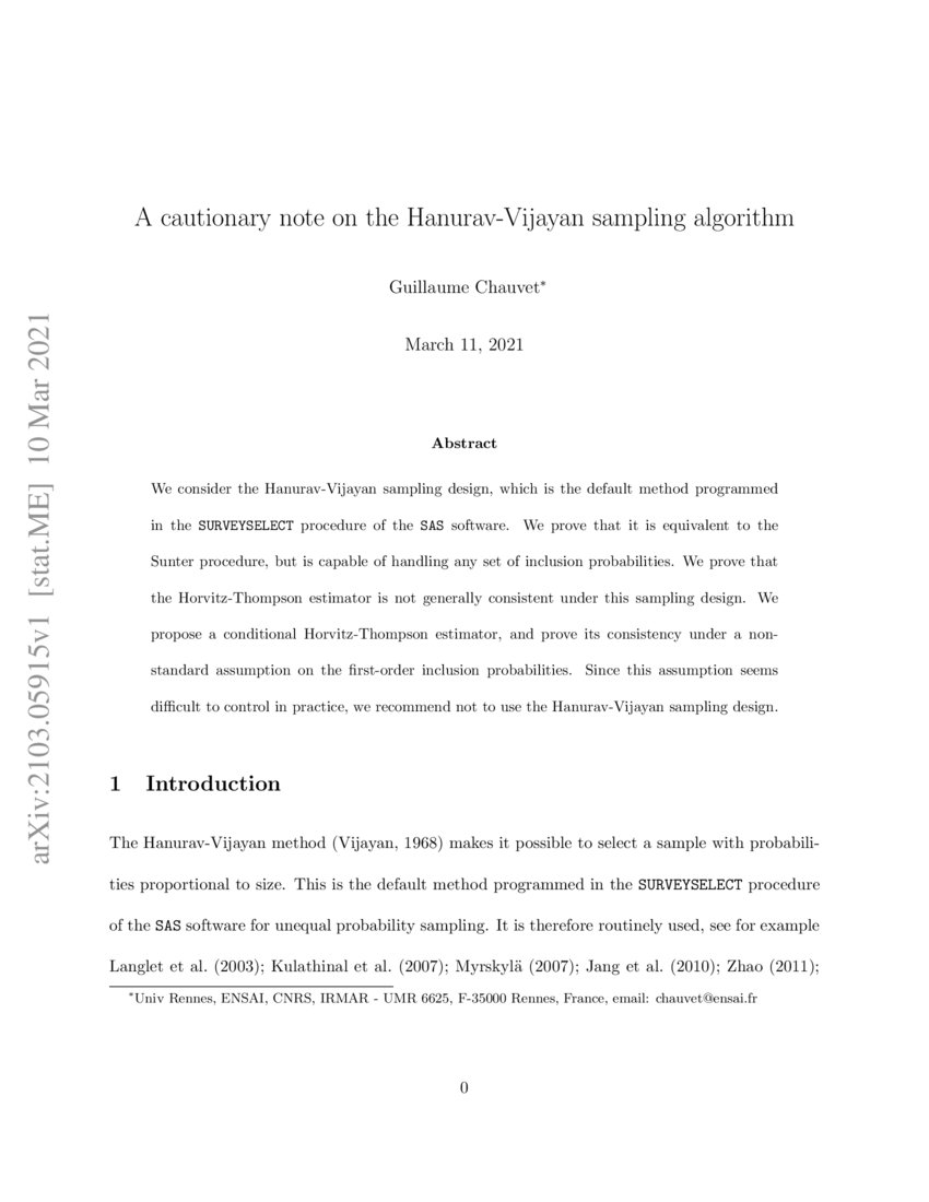 A cautionary note on the Hanurav-Vijayan sampling algorithm | DeepAI
