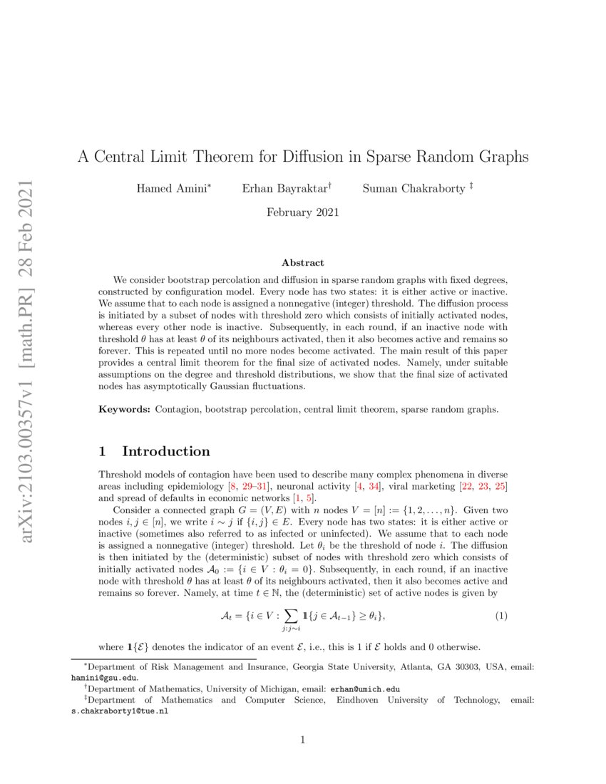 A Central Limit Theorem for Diffusion in Sparse Random Graphs | DeepAI