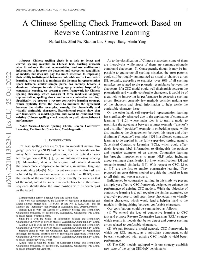 A Chinese Spelling Check Framework Based on Reverse Contrastive ...