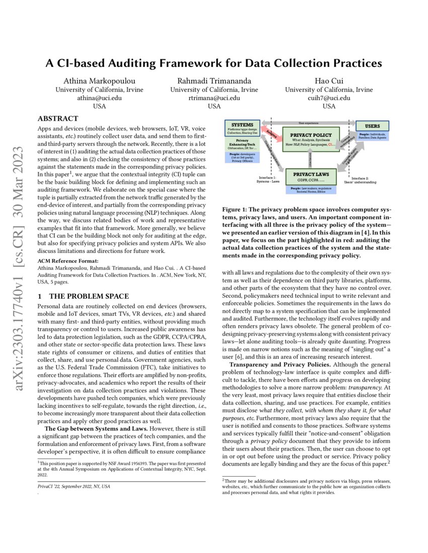 A Ci Based Auditing Framework For Data Collection Practices Deepai