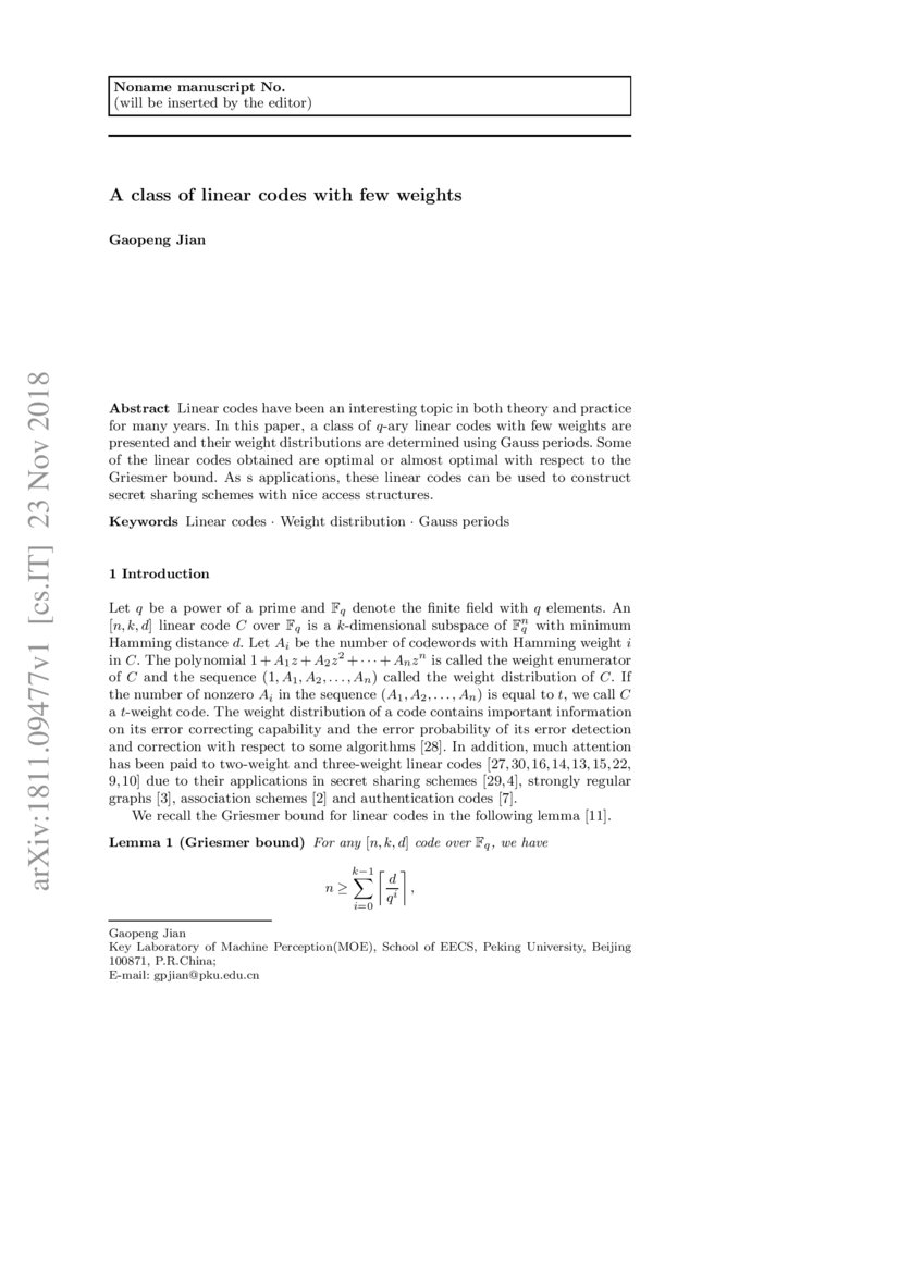 A Class Of Linear Codes With Few Weights Deepai