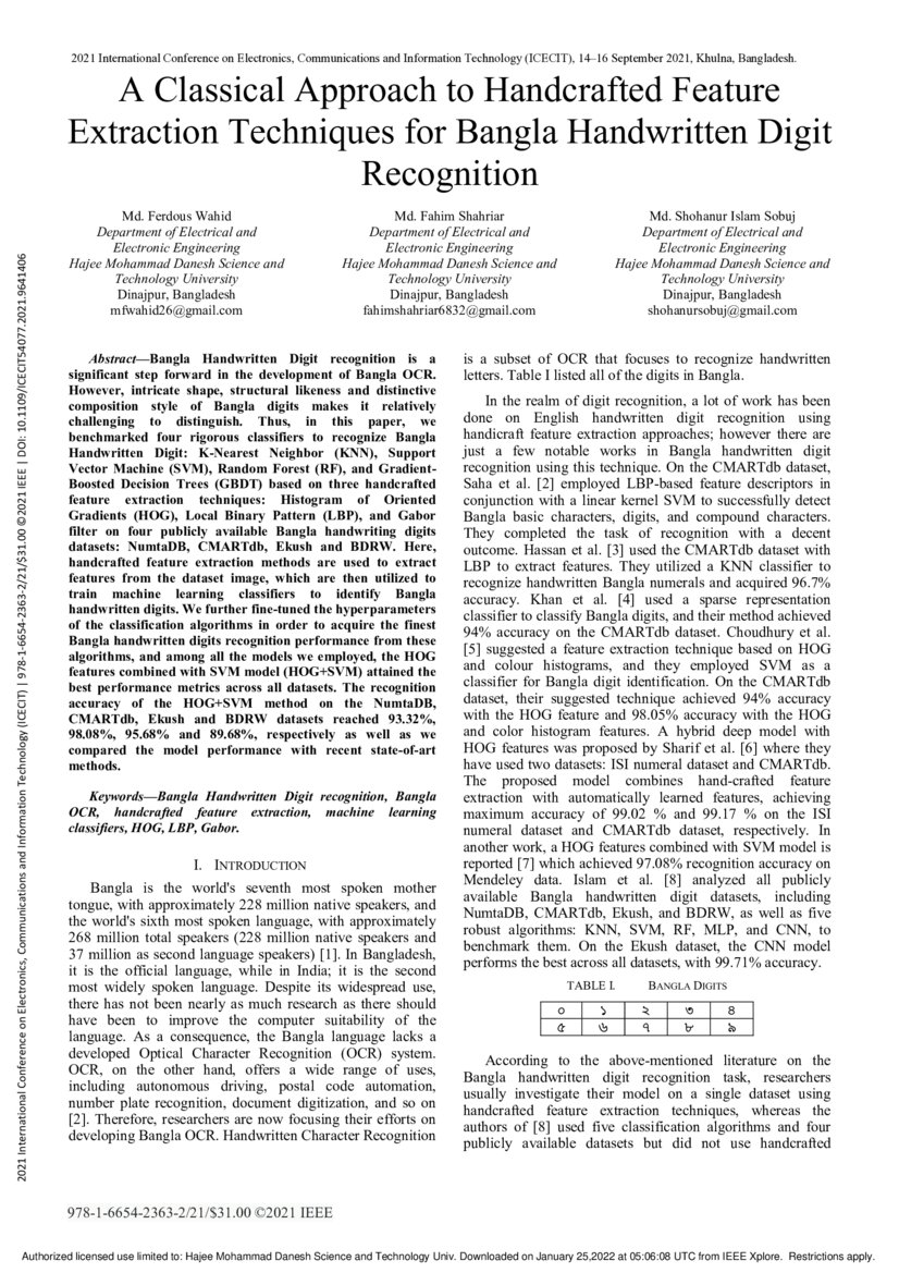 A Classical Approach To Handcrafted Feature Extraction Techniques For Bangla Handwritten Digit