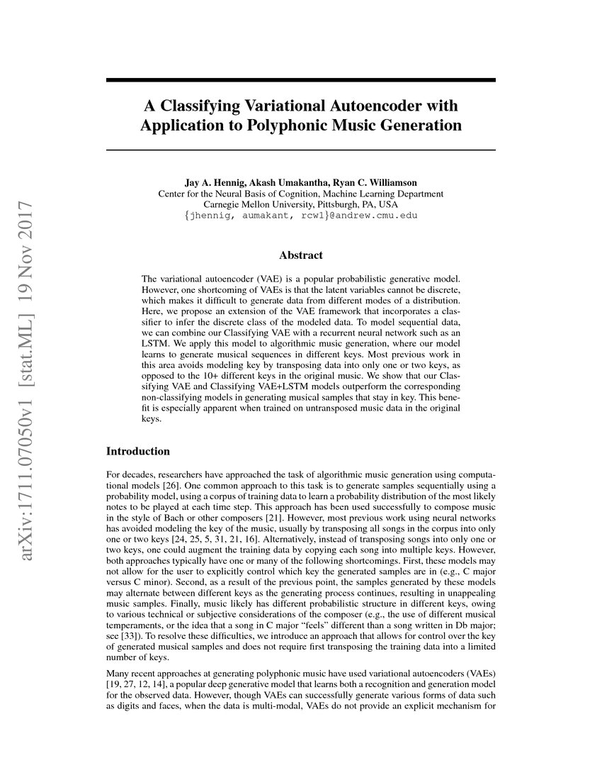 A Classifying Variational Autoencoder With Application To Polyphonic Music Generation Deepai 