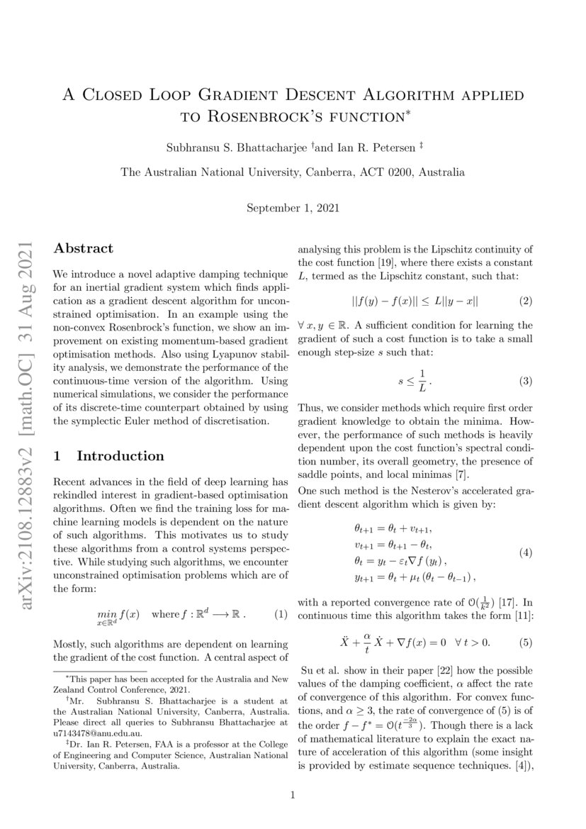 A Closed Loop Gradient Descent Algorithm applied to Rosenbrock's function | DeepAI