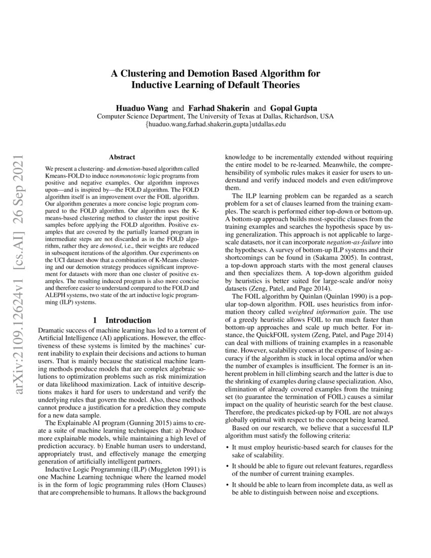 A Clustering And Demotion Based Algorithm For Inductive Learning Of Default Theories Deepai