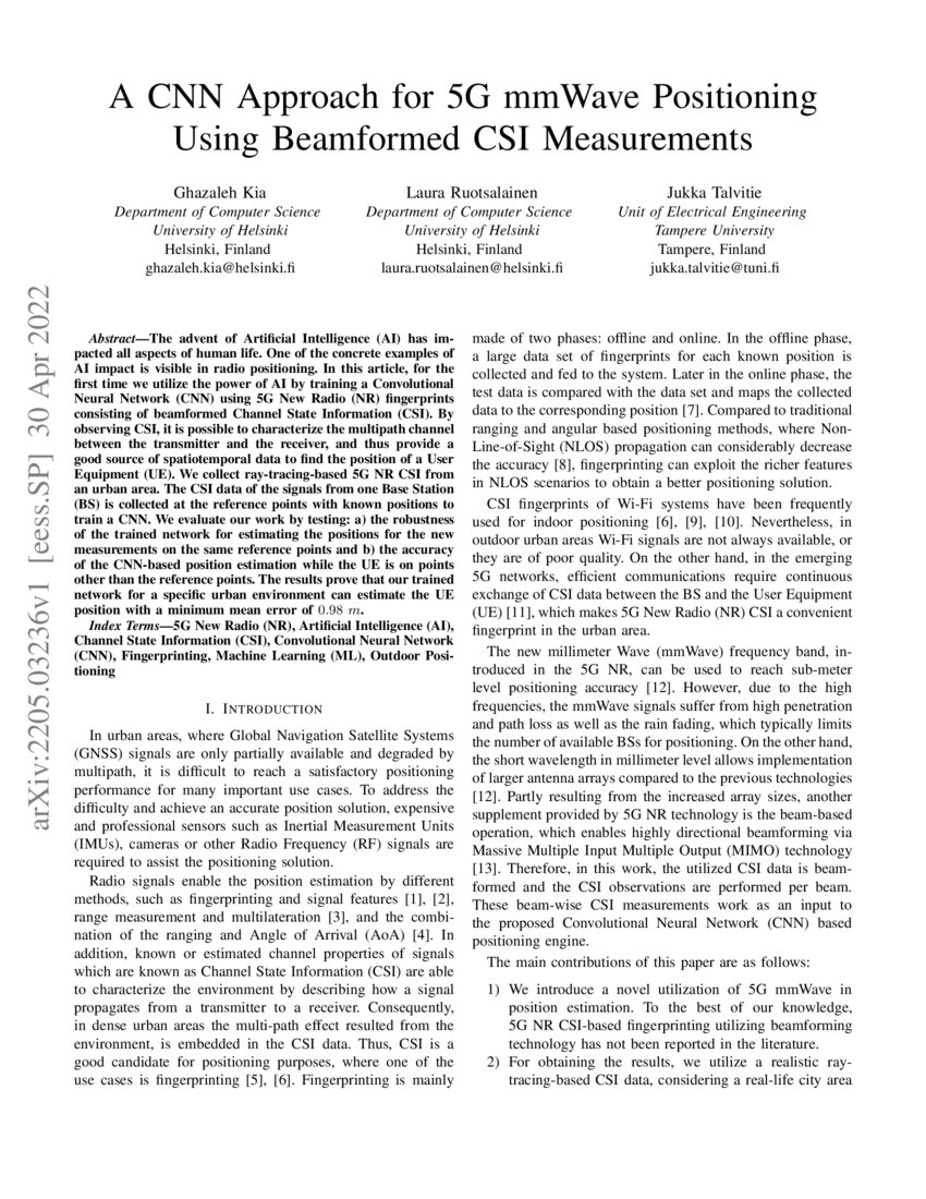 A CNN Approach for 5G mmWave Positioning Using Beamformed CSI ...
