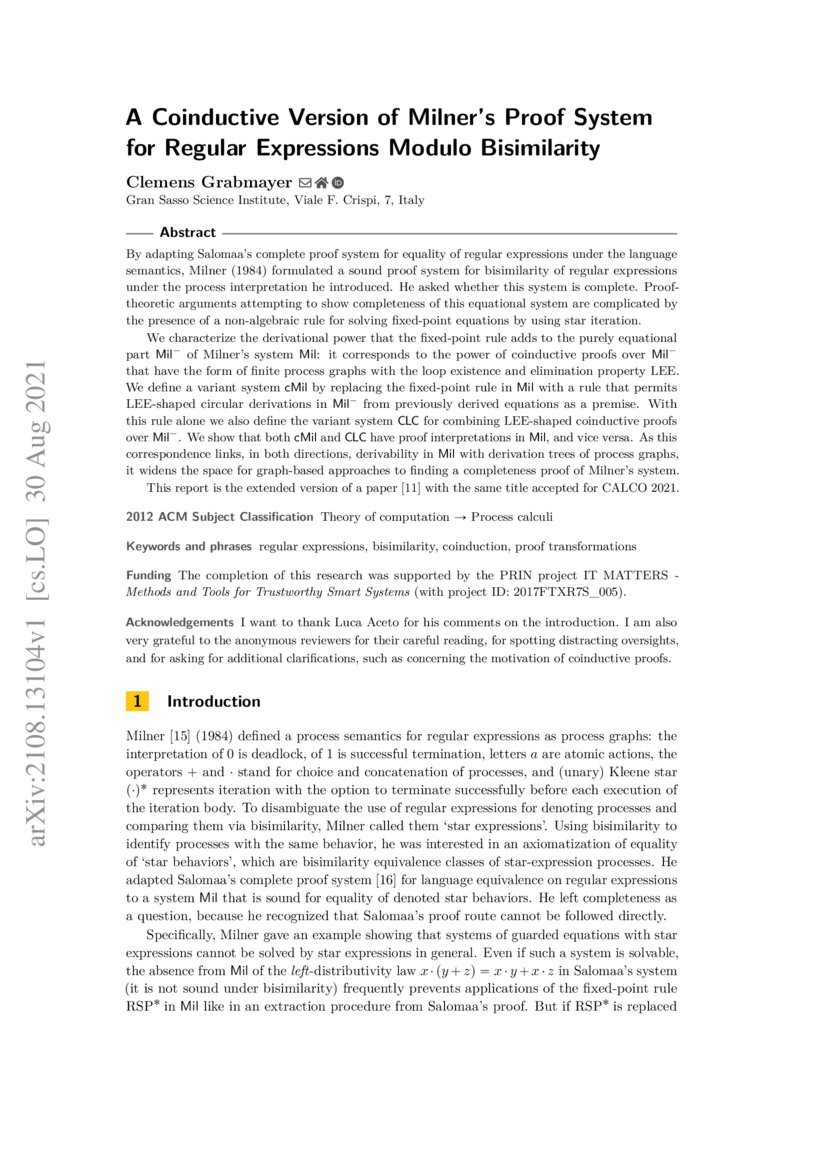 A Coinductive Version of Milner's Proof System for Regular Expressions ... A Coinductive Version of Milner's Proof System for Regular Expressions ...