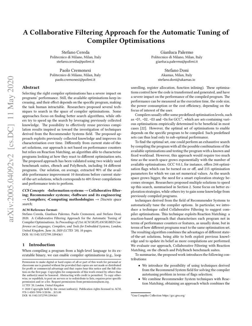 A Collaborative Filtering Approach For The Automatic Tuning Of Compiler Optimisations Deepai