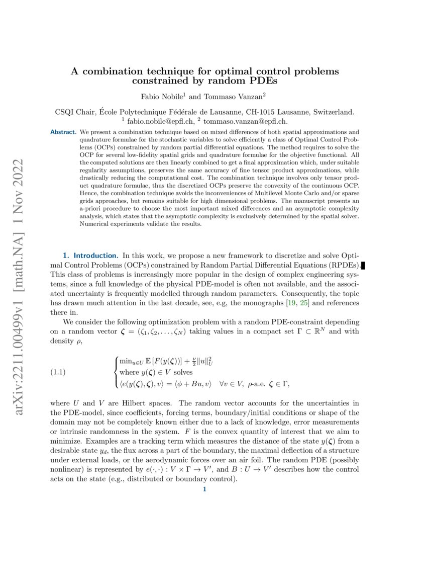 A Combination Technique For Optimal Control Problems Constrained By