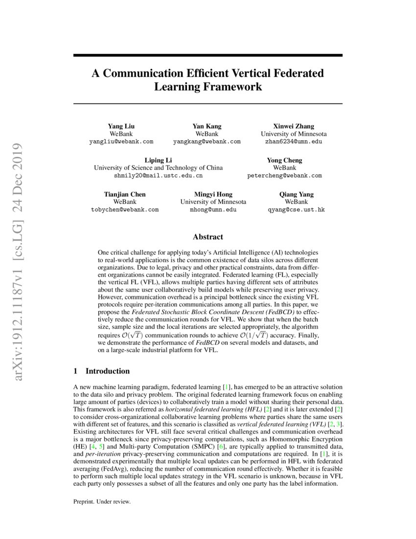 A Communication Efficient Vertical Federated Learning Framework | DeepAI A Communication Efficient Vertical Federated Learning Framework | DeepAI