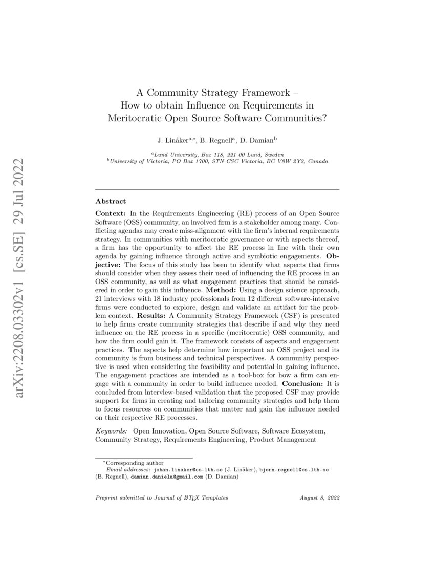 A Community Strategy Framework – How to obtain Influence on Requirements in Meritocratic Open ...