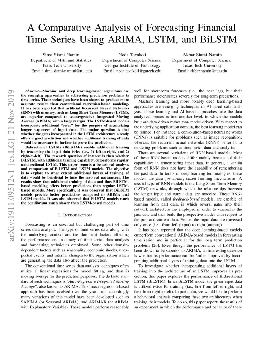 A Comparative Analysis Of Forecasting Financial Time Series Using Arima Lstm And Bilstm Deepai 