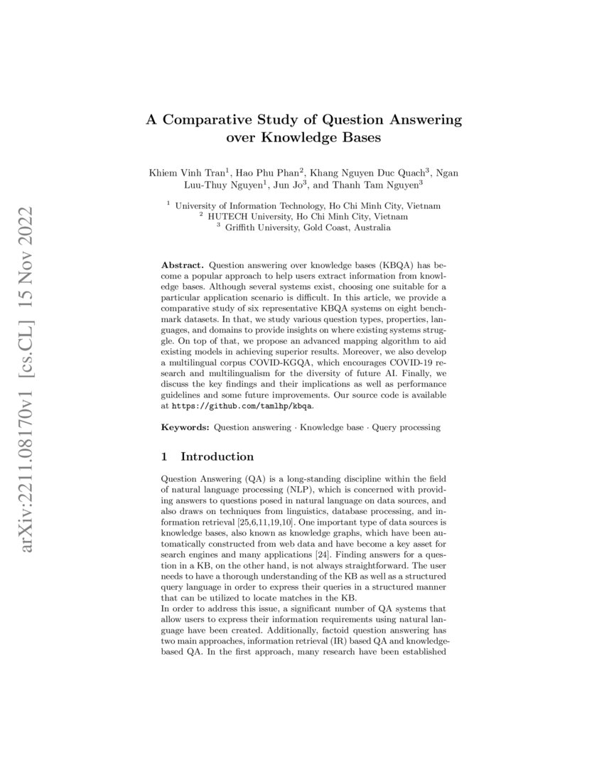 A Comparative Study of Question Answering over Knowledge Bases | DeepAI A Comparative Study of Question Answering over Knowledge Bases | DeepAI