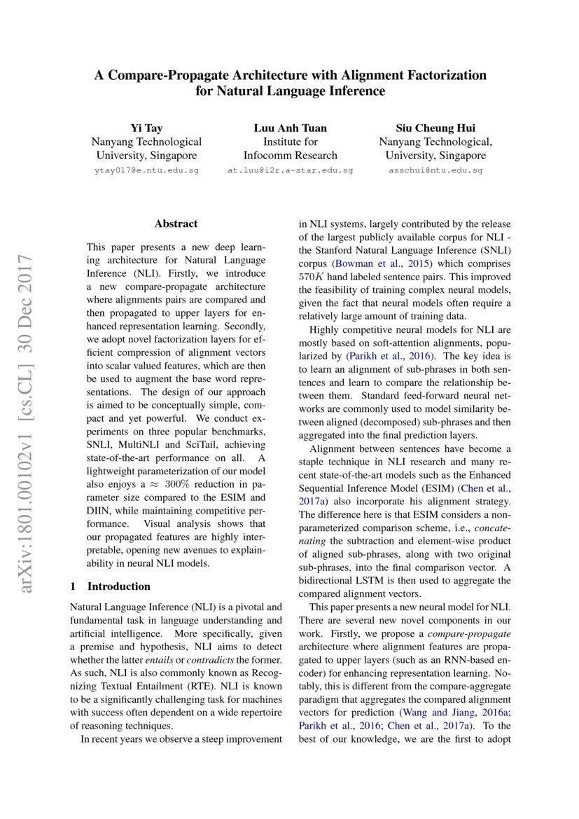 A Compare-Propagate Architecture with Alignment Factorization for Natural Language Inference ...