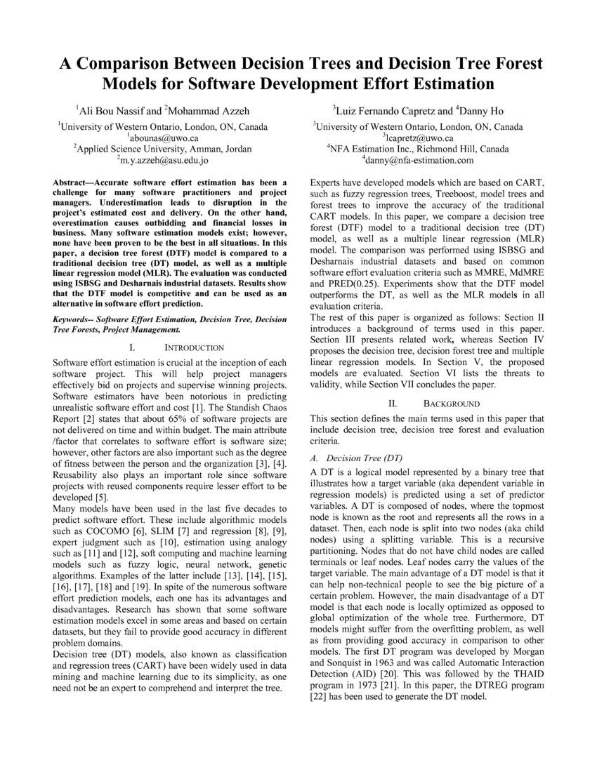 A Comparison Between Decision Trees And Decision Tree Forest Models For Software Development