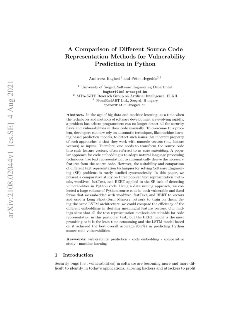 A Comparison of Different Source Code Representation Methods for Vulnerability Prediction in ...