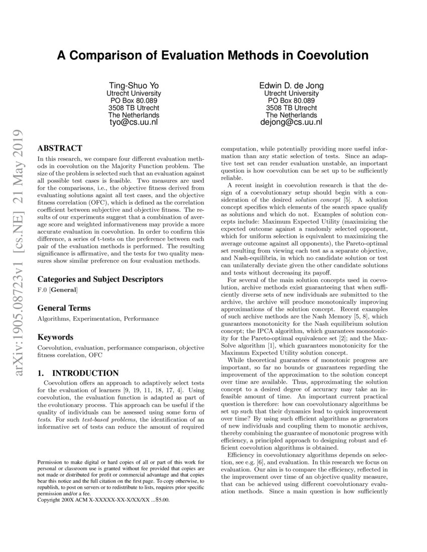 A comparison of evaluation methods in coevolution | DeepAI