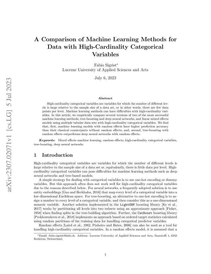A Comparison Of Machine Learning Methods For Data With High Cardinality Categorical Variables