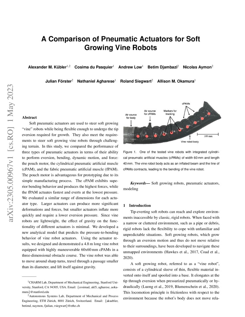 A Comparison of Pneumatic Actuators for Soft Growing Vine Robots | DeepAI