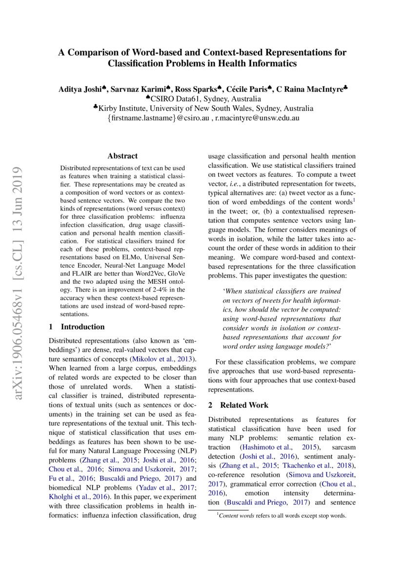 A Comparison Of Word Based And Context Based Representations For Classification Problems In