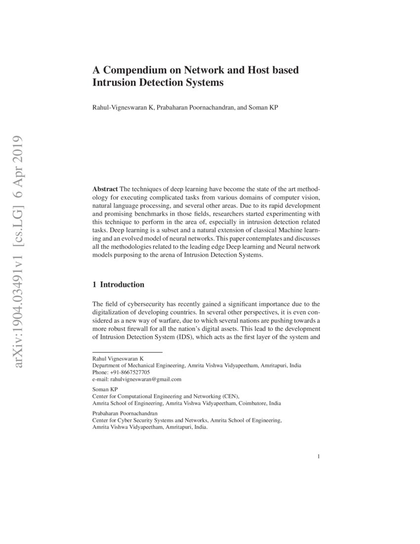 A Compendium On Network And Host Based Intrusion Detection Systems Deepai