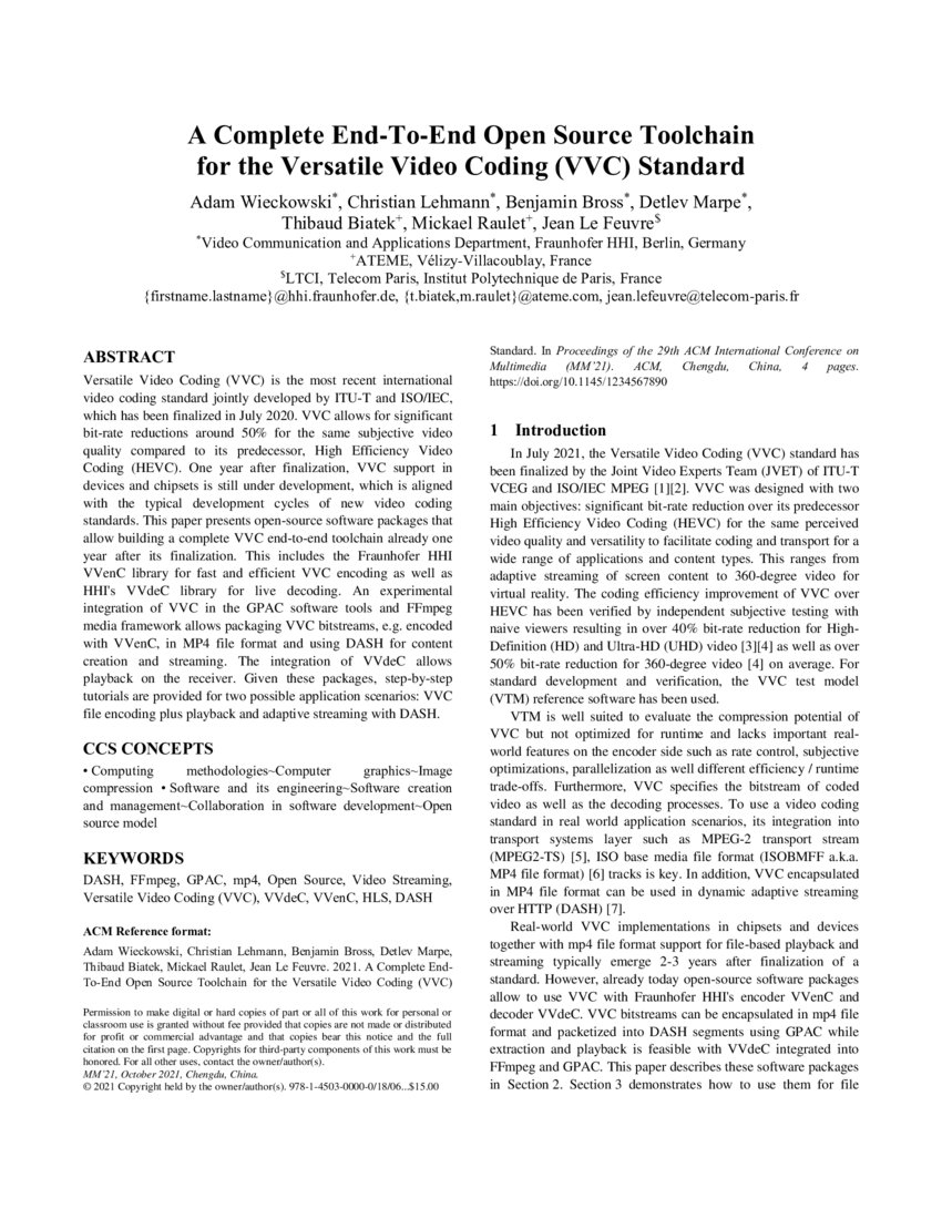 A Complete End To End Open Source Toolchain For The Versatile Video Coding Vvc Standard Deepai