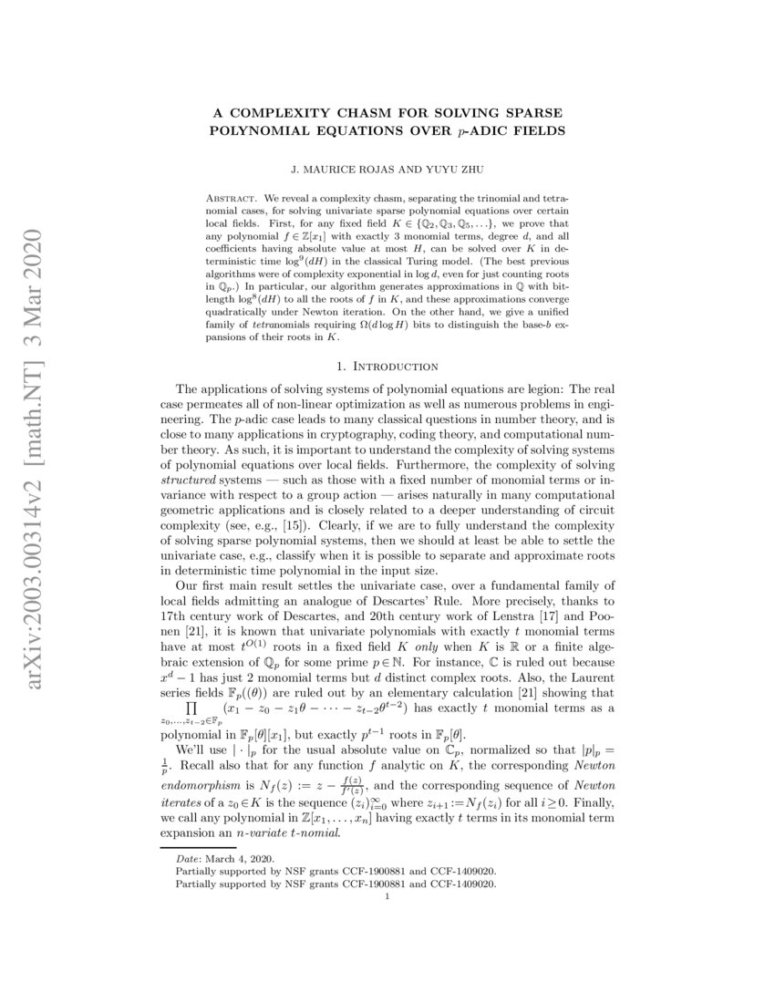 A complexity chasm for solving univariate sparse polynomial equations over p-adic fields | DeepAI