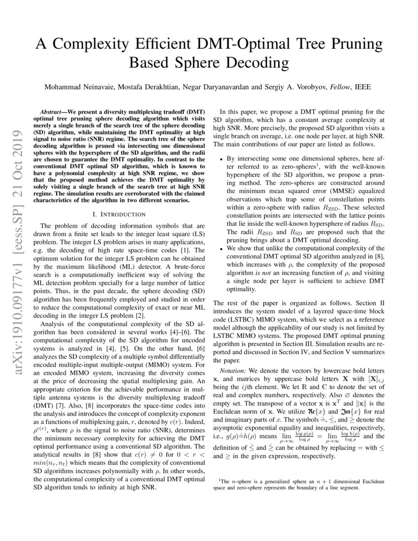 A Complexity Efficient Dmt Optimal Tree Pruning Based Sphere Decoding Deepai