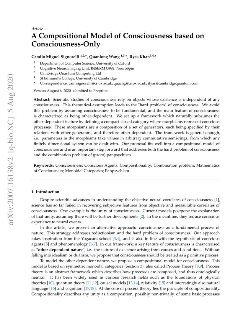 A Compositional Model of Consciousness based on Consciousness-Only | DeepAI
