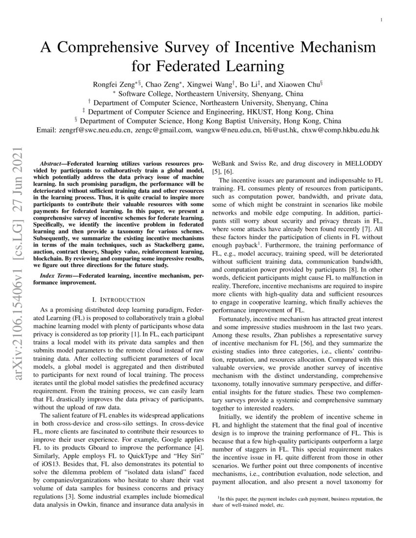 A Comprehensive Survey of Incentive Mechanism for Federated Learning | DeepAI