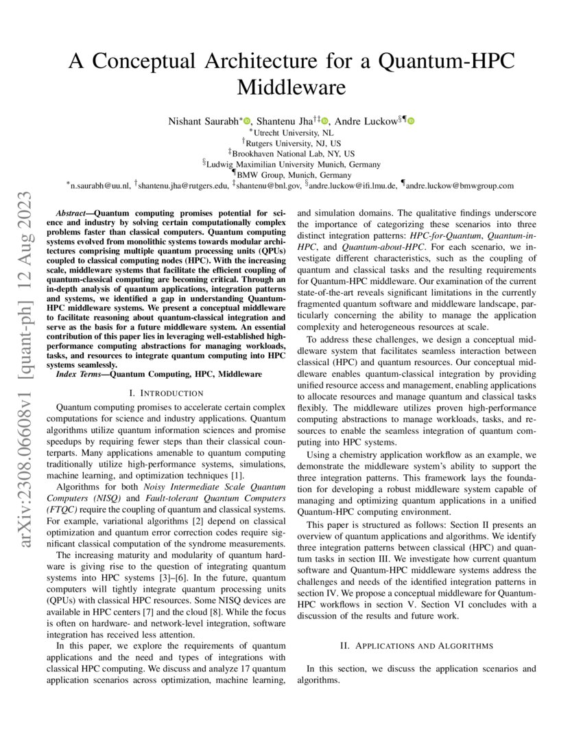A Conceptual Architecture for a Quantum-HPC Middleware | DeepAI