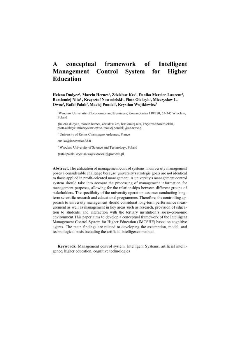 A Conceptual Framework Of Intelligent Management Control System For Higher Education Deepai