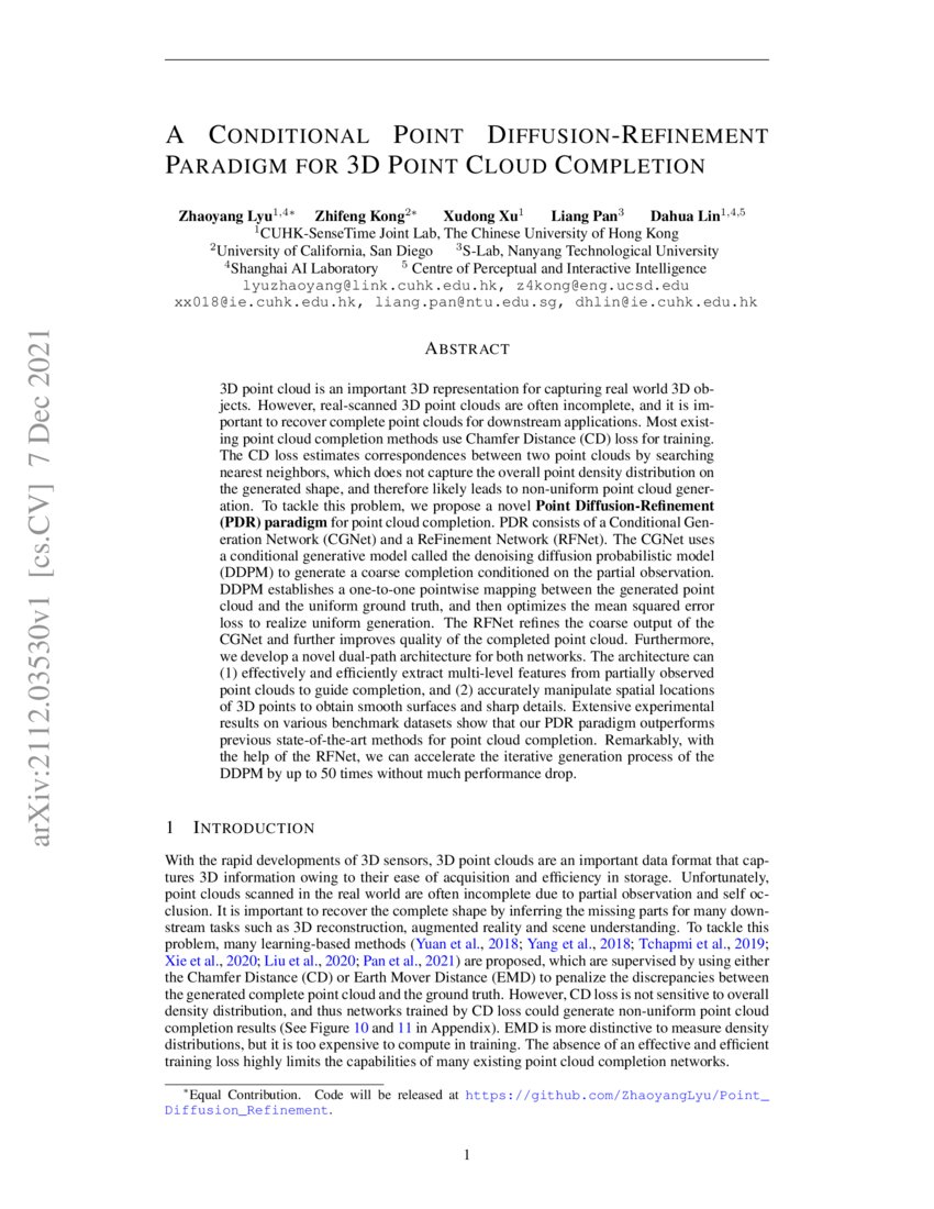 A Conditional Point Diffusion-Refinement Paradigm for 3D Point Cloud Completion | DeepAI